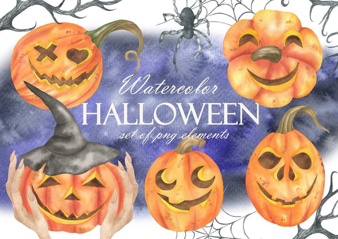 Halloween Pumpkin Watercolor Clipart, Jack-o'-lanterns, Scary Pumpkins ...