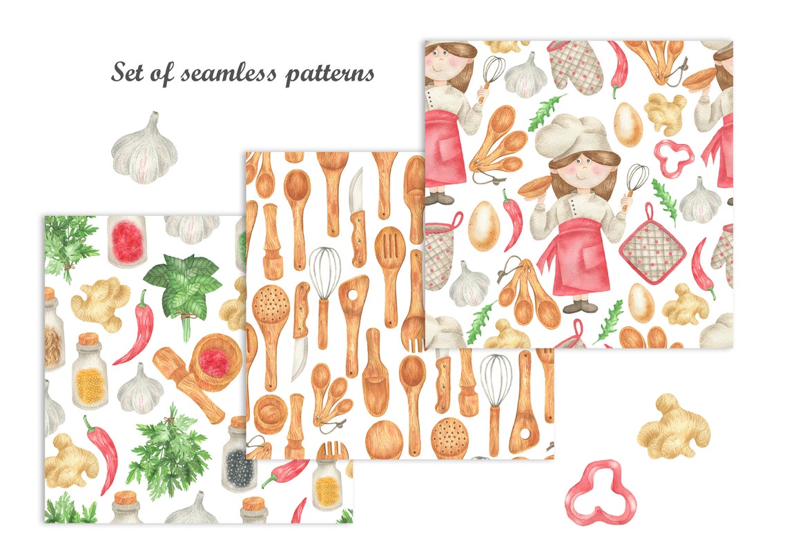 Kitchen Utensils and Chef Watercolor Clipart, Kitchen Wood Tools, Herbs ...