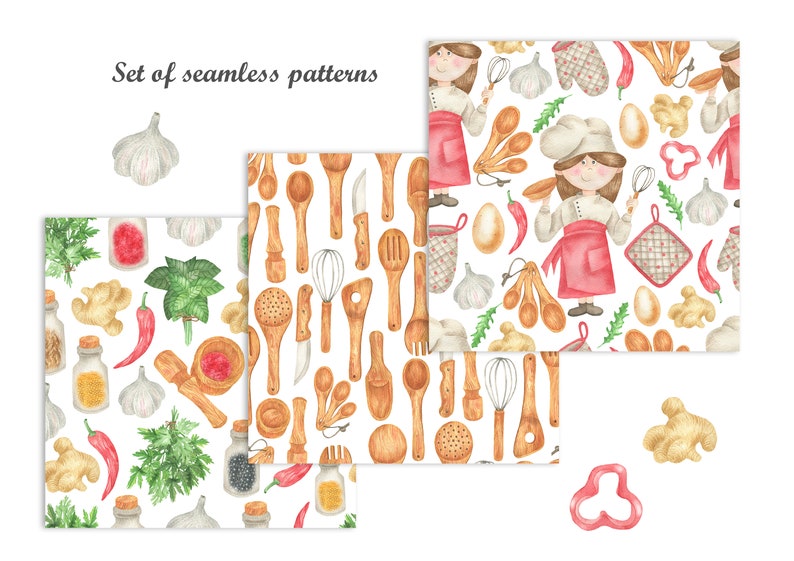 Kitchen Utensils and Chef Watercolor Clipart, Kitchen Wood Tools, Herbs ...
