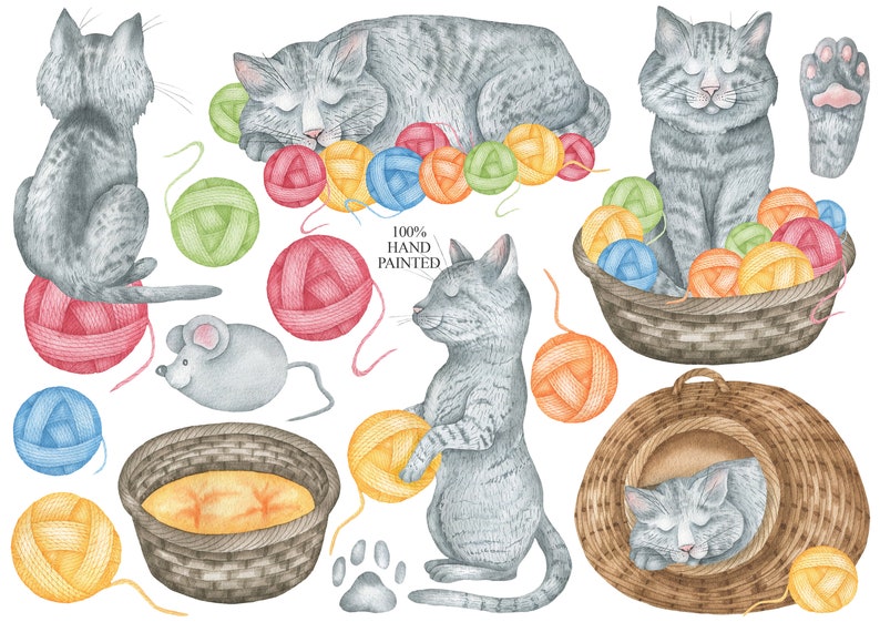 Watercolor Cats and Yarn Clipart, Kittens Clip Art, Pet Portrait ...