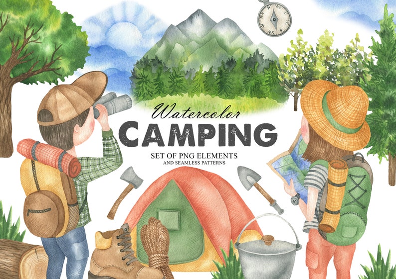Watercolor Camping Clip Art Travel Clipart Summer Outdoors - Etsy