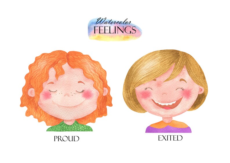 Watercolor Emotions Clipart, Feelings Clip Art, Girl Faces, Montessori ...