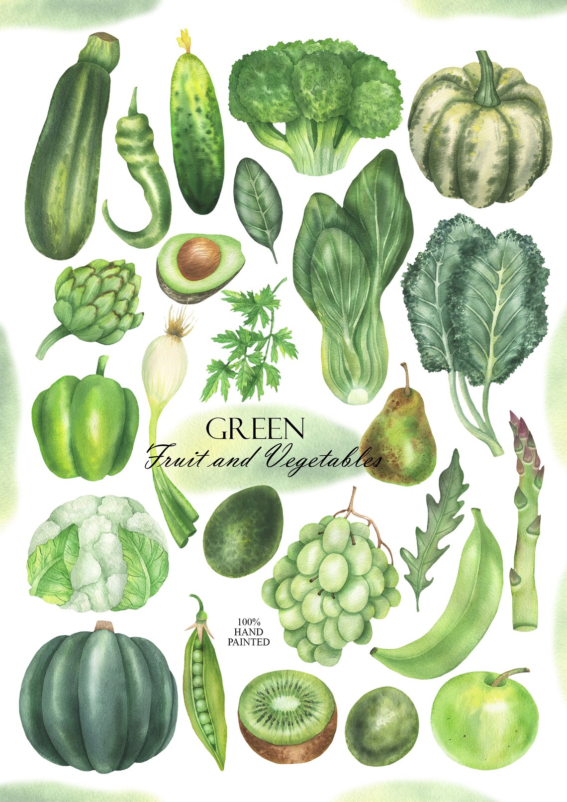 Watercolor Green Fruit and Vegetables Clipart Farm and - Etsy
