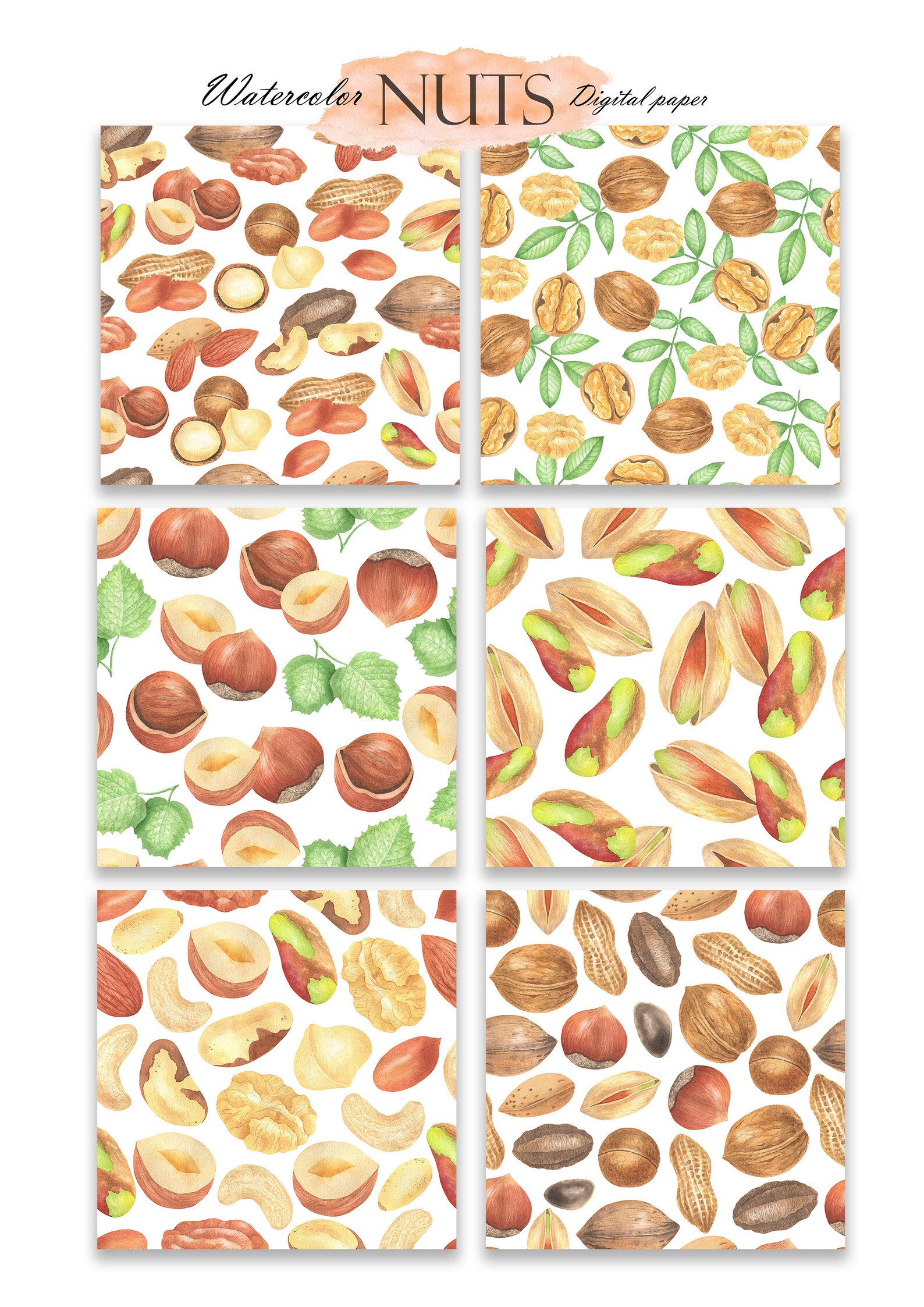 Watercolor Nuts Digital Paper, Nut Seamless Pattern Pack, Food Pattern ...