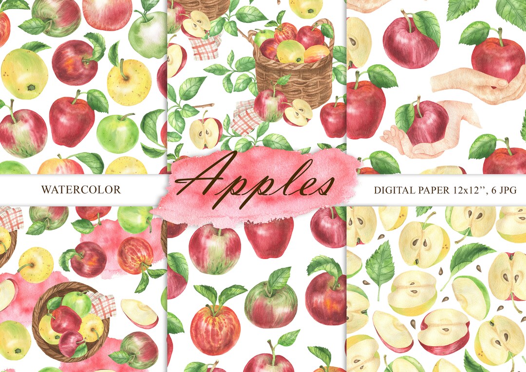 Watercolor Apples Digital Paper, Apple Seamless Pattern, Fruit Paper ...