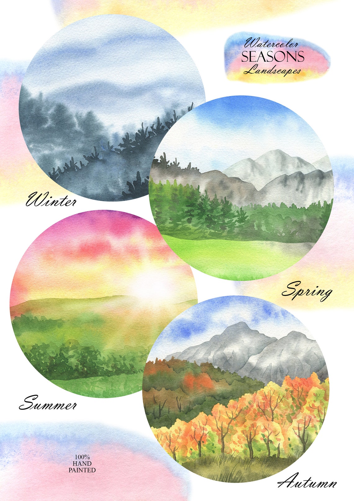 Watercolor Seasons Landscape Clipart, Four Season Winter, Spring ...