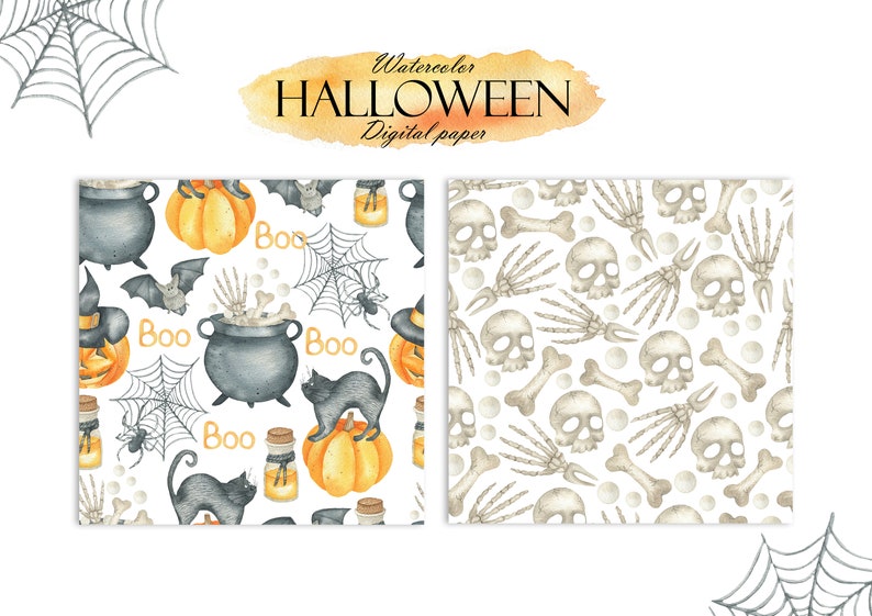 Watercolor Halloween Digital Paper, Halloween Seamless Patterns, Happy ...
