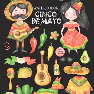 Watercolor Cinco De Mayo Clip Art, Fiesta Party Clipart, Mexican ...