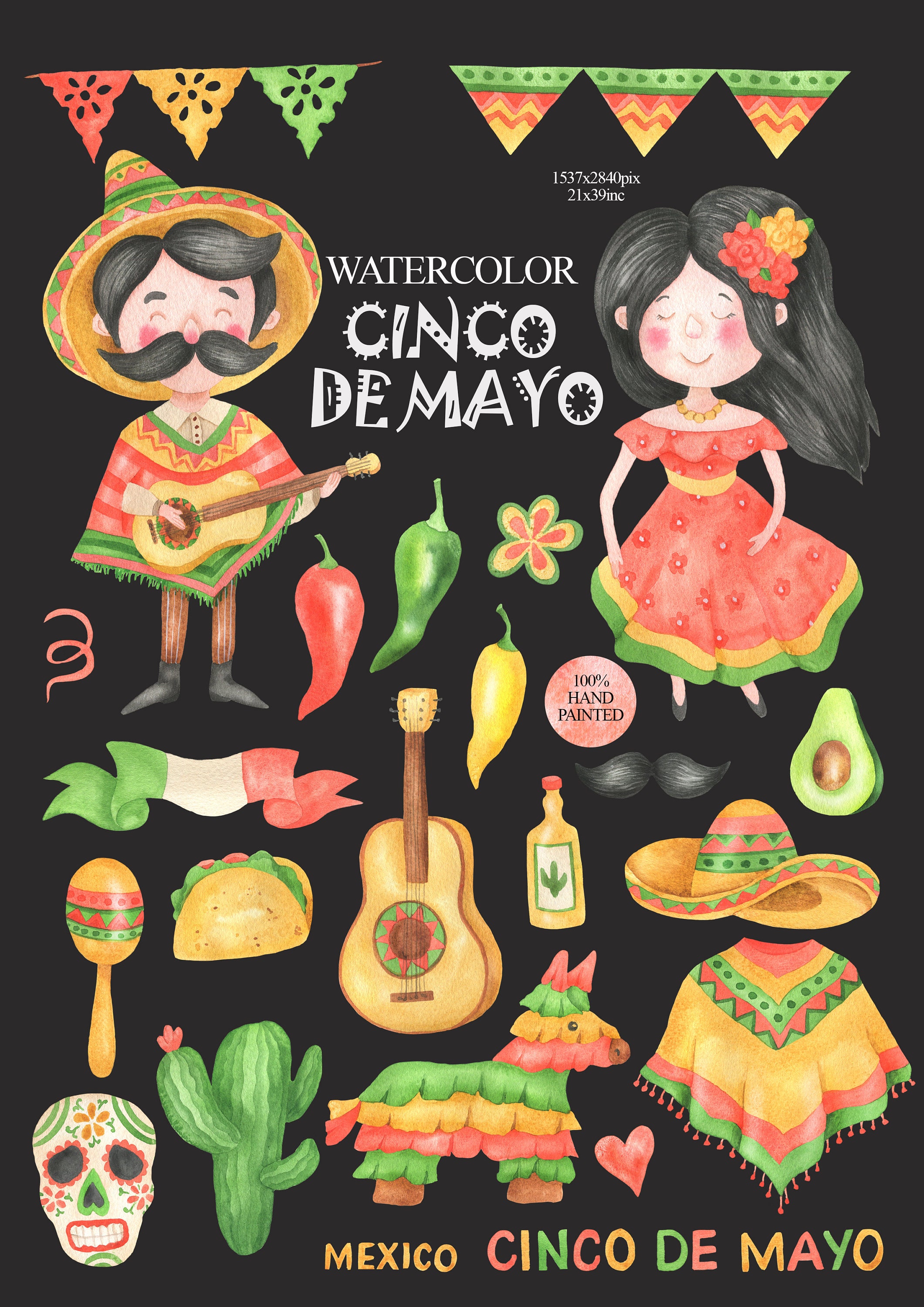 Watercolor Cinco De Mayo Clip Art, Fiesta Party Clipart, Mexican ...