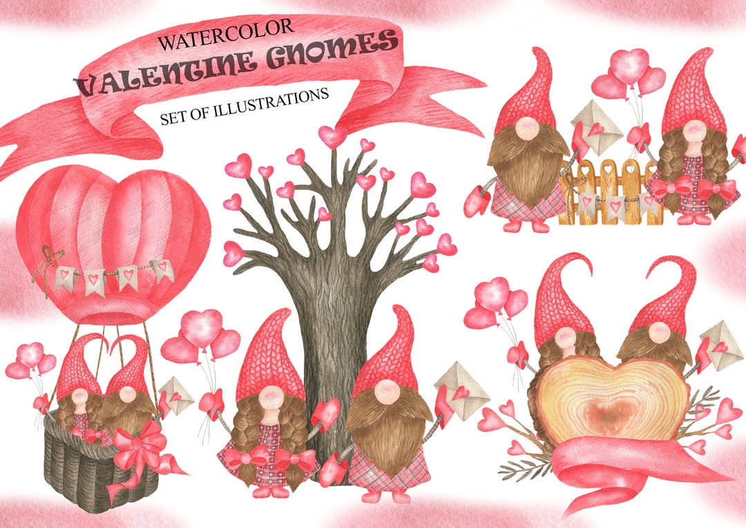 Valentine Day Gnomes, Watercolor Scandinavian Gnomes Illustrations ...