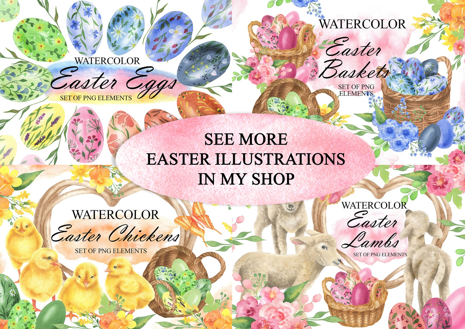 Watercolor Easter Bunny and Basket Clipart, Spring Bunnies, Set of ...