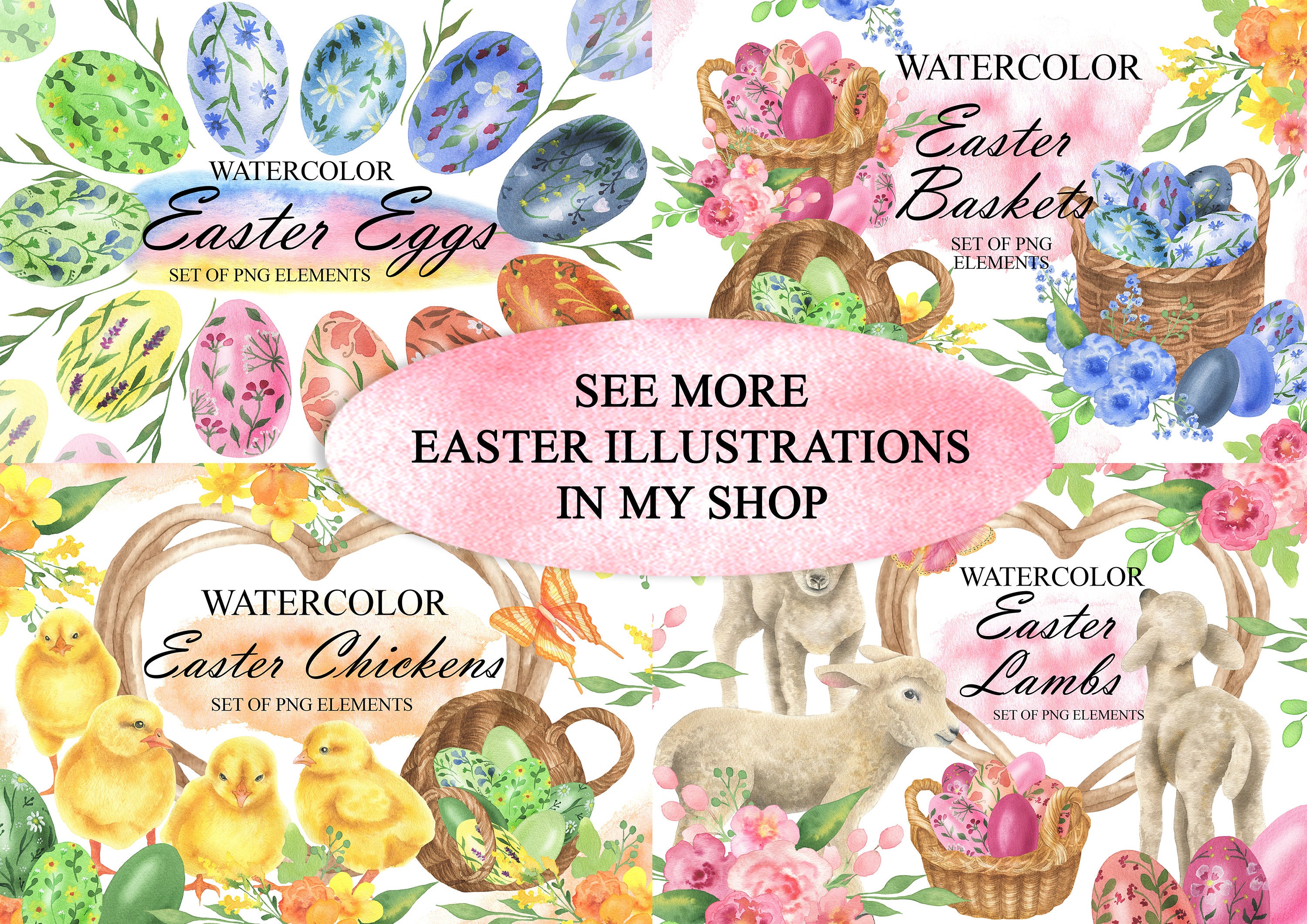 Watercolor Easter Bunny and Basket Clipart, Spring Bunnies, Set of ...