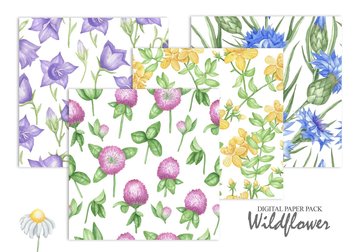 Wildflower Floral Digital Paper Pack, Watercolor Seamless Patterns of ...