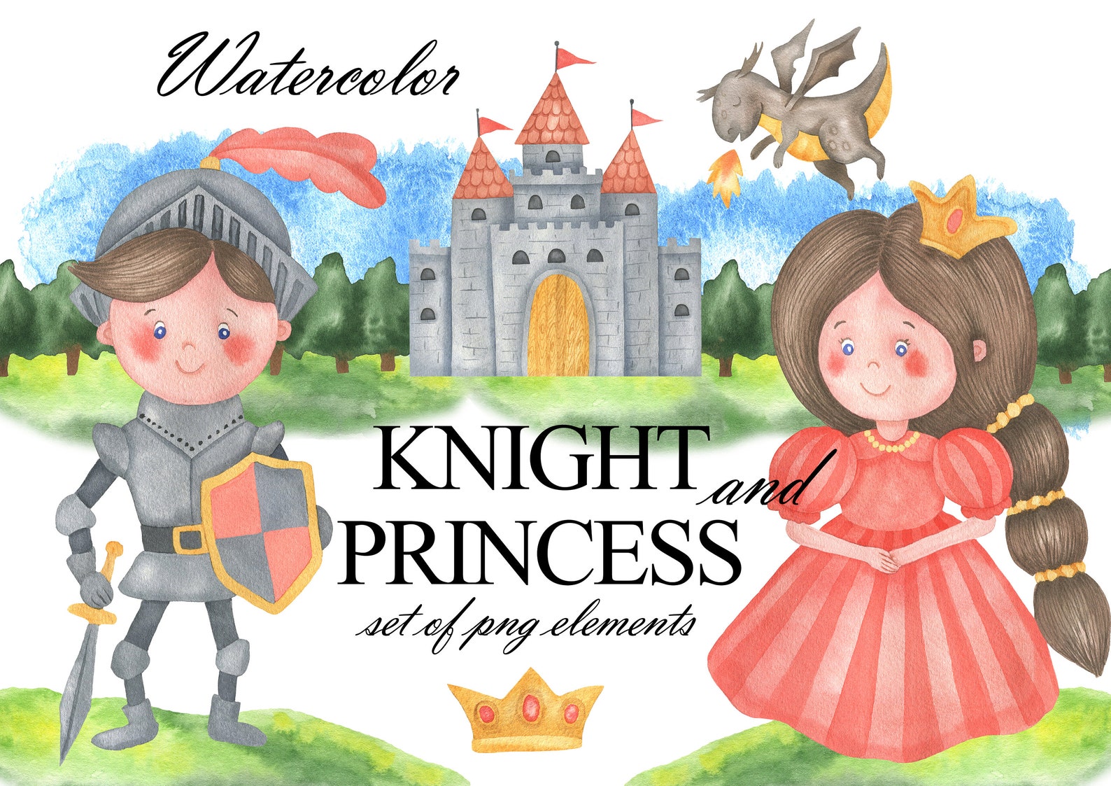Watercolor Knight and Princess Clipart, Dragon and Castle Clip Art ...