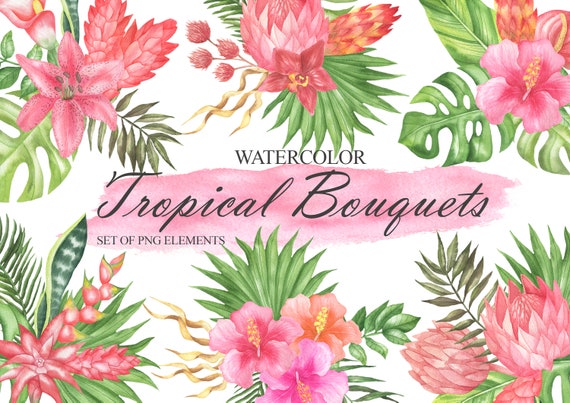Watercolor Tropical Flowers and Leaves Bouquet Clipart - Etsy