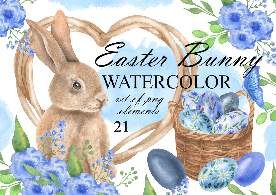 Watercolor Easter Bunny and Basket Clipart, Spring Bunnies, Set of ...