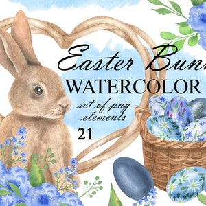 Watercolor Easter Bunny and Basket Clipart, Spring Bunnies, Set of ...