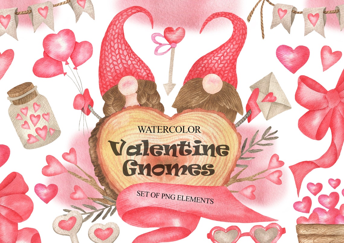 Valentine Day Gnomes Clipart, Watercolor Scandinavian Gnomes and Red ...