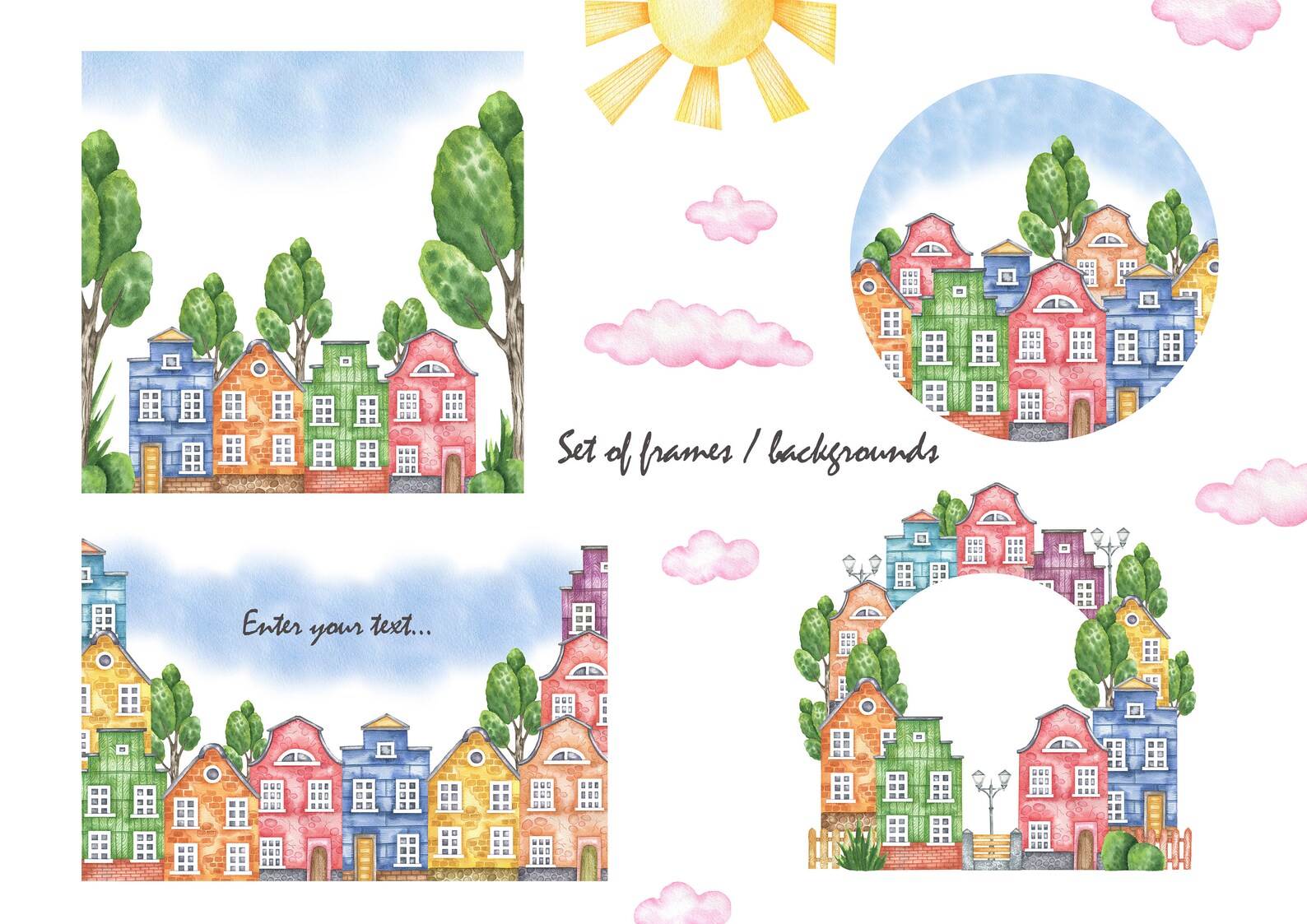 Watercolor Houses Clipart, Colorful Buildings, Urban Town (digital ...