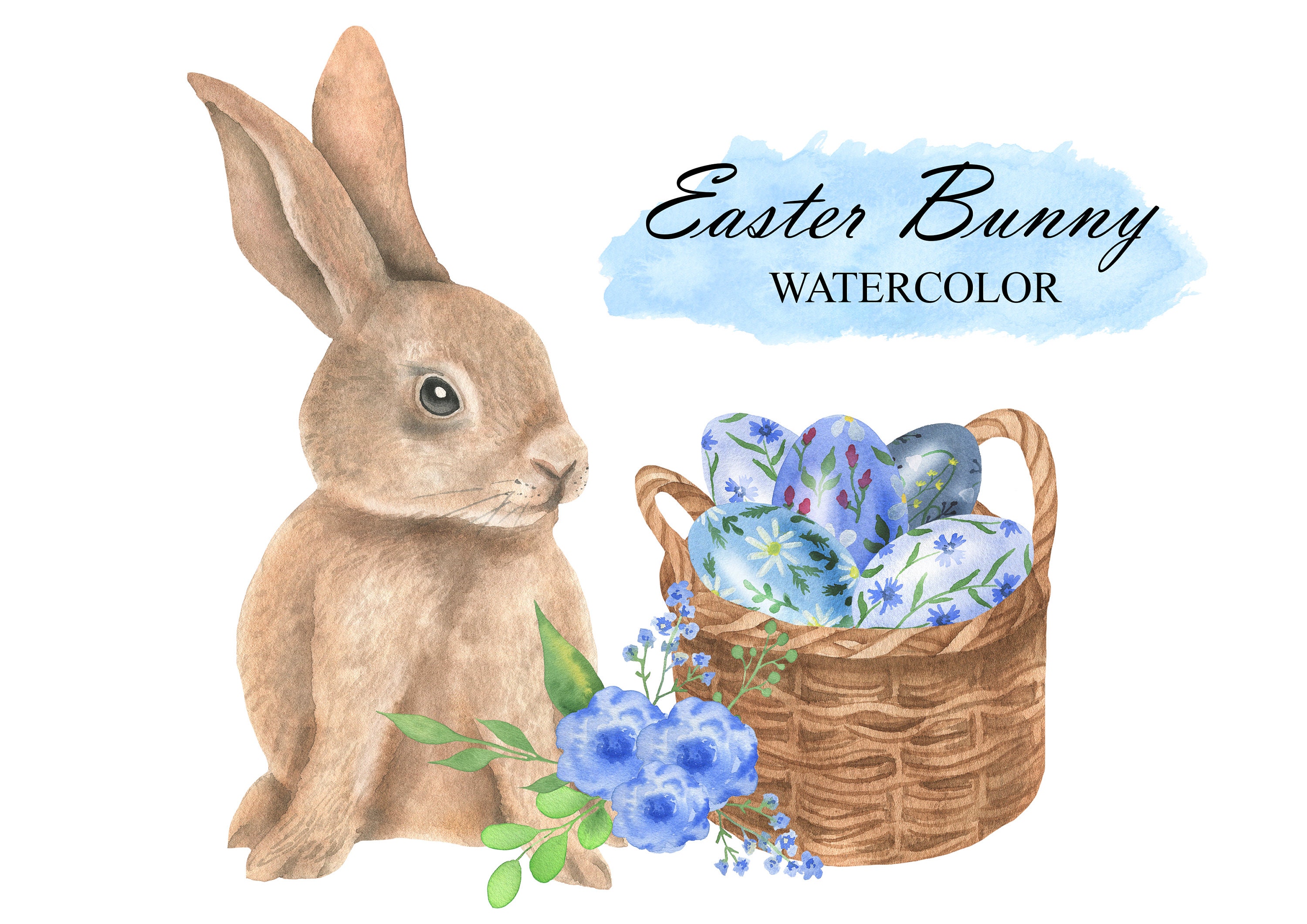 Watercolor Easter Bunny and Basket Clipart, Spring Bunnies, Set of ...