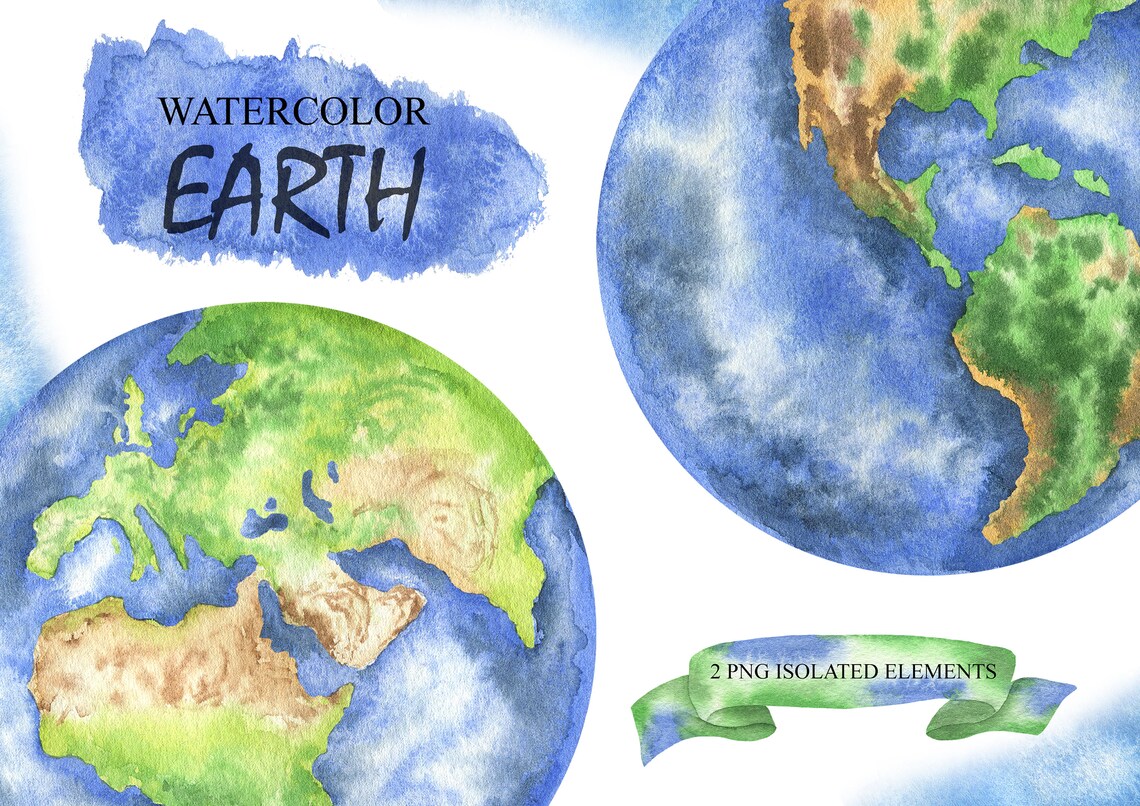 Earth Clipart, Watercolor Graphic of Globe, Hand Painted of Planet ...