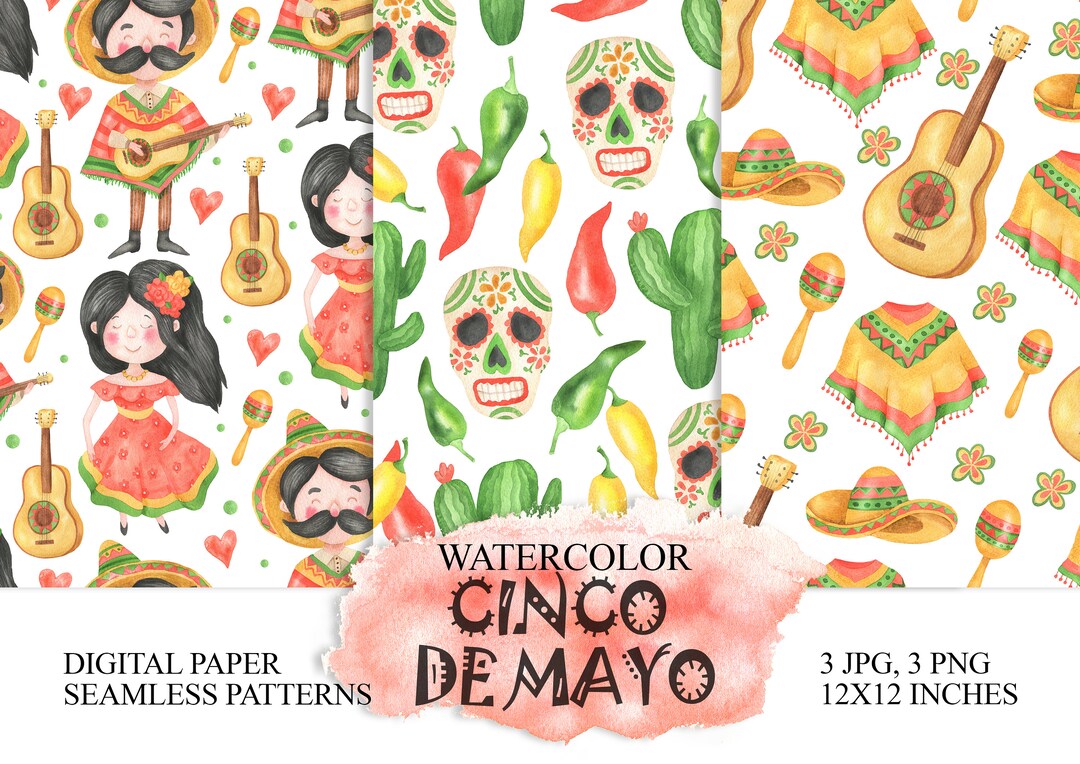 Watercolor Cinco De Mayo Digital Paper Set, Fiesta Seamless Patterns ...