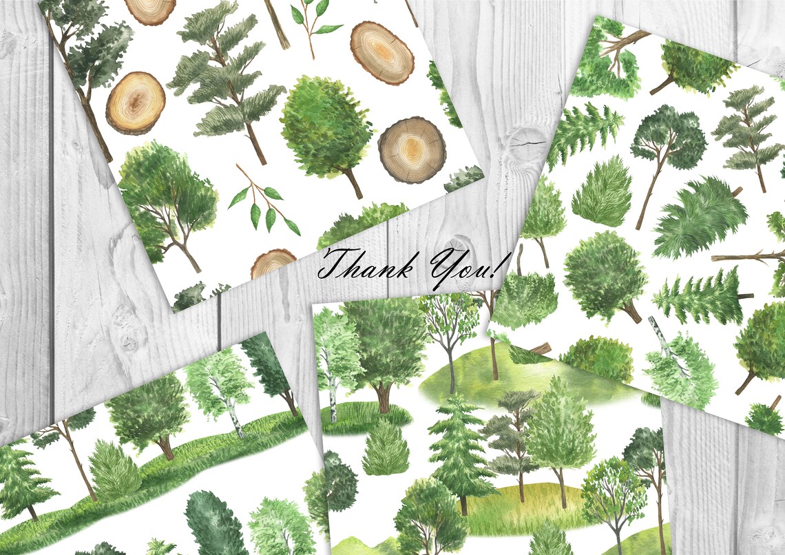 Green Forest Digital Paper, Watercolor Woodland Pine Trees Landscapes ...