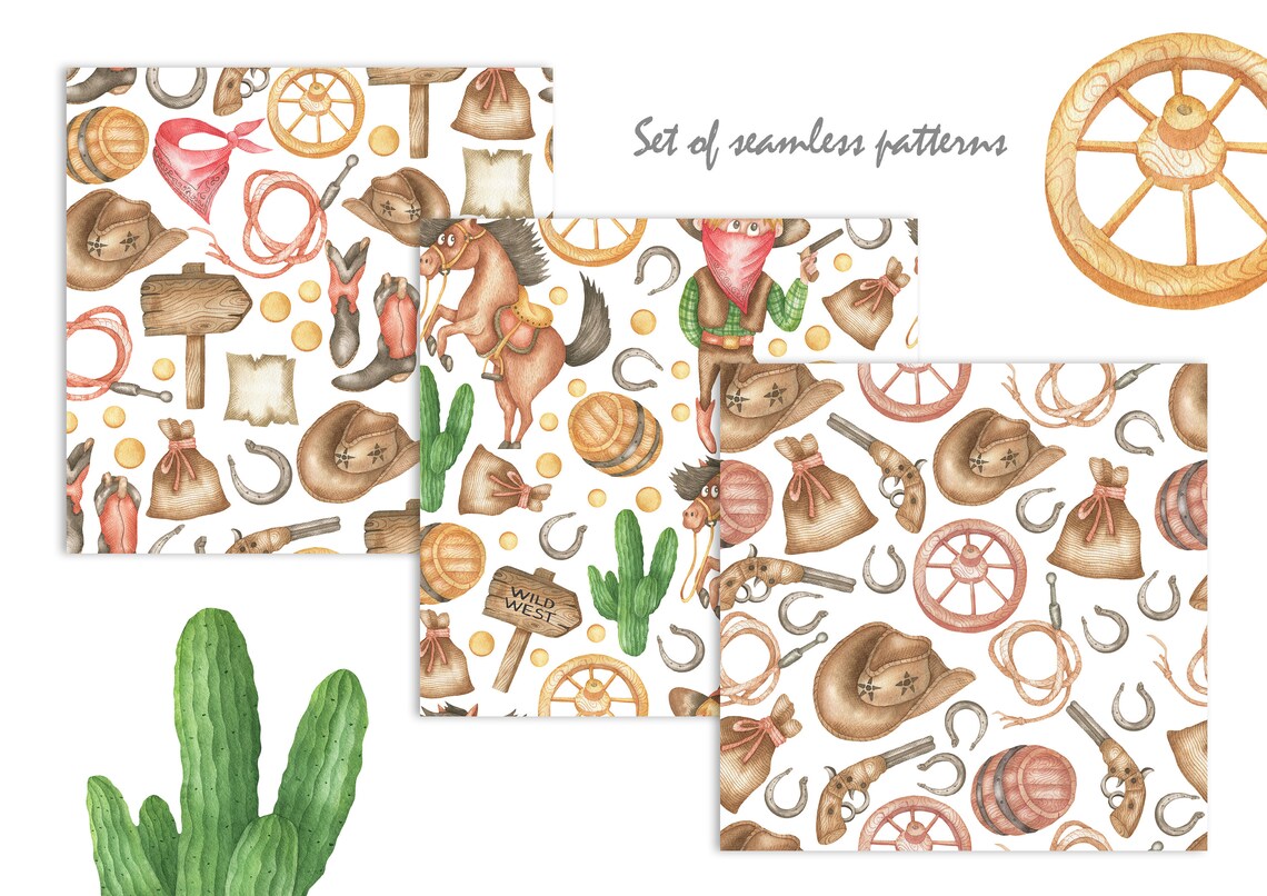 Watercolor Western Clipart, Cowboy Clip Art, Wild West Horse, Bandana ...