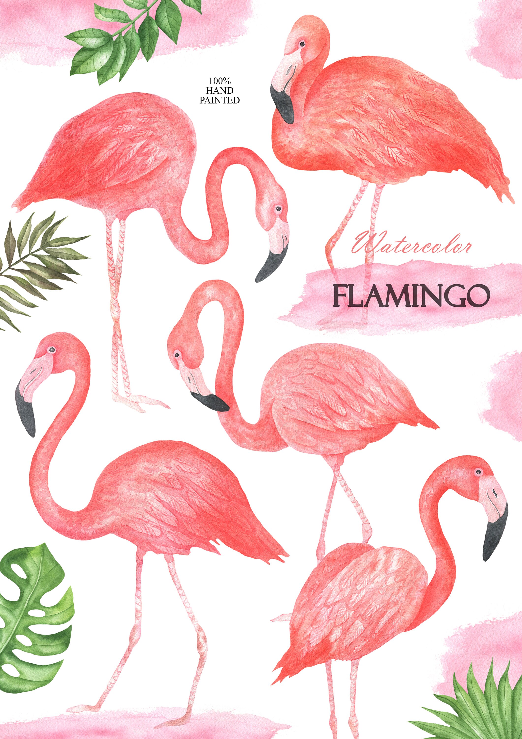 Flamingo Clipart Watercolor Tropical Pink Flowers and Leaves - Etsy