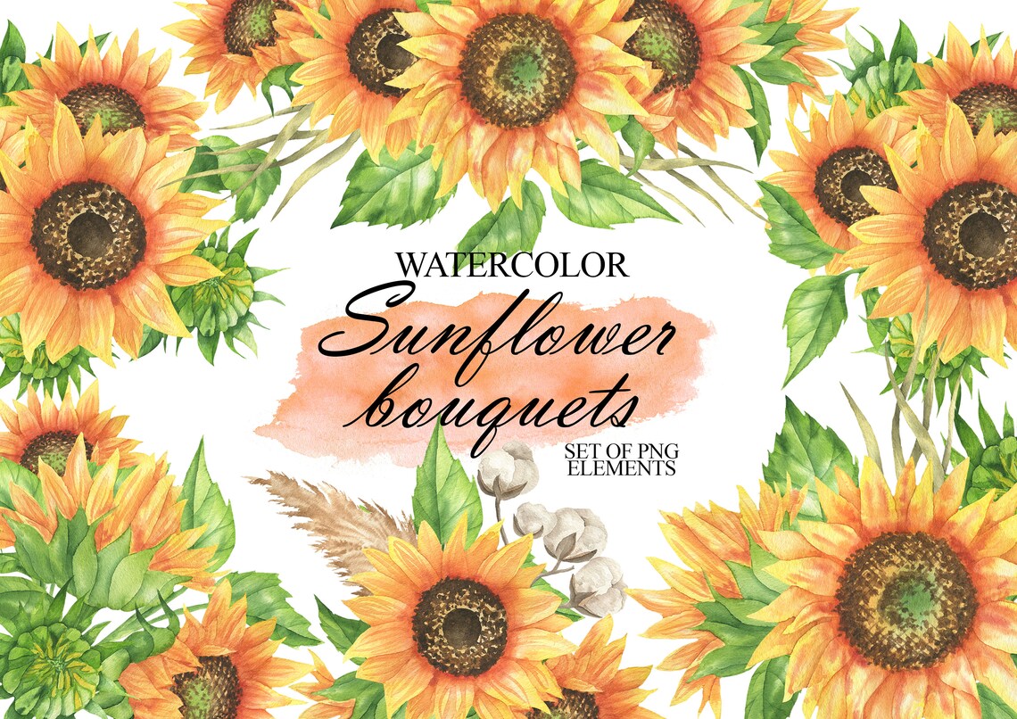 Watercolor Sunflower Bouquet Clipart Sunflowers Wedding - Etsy