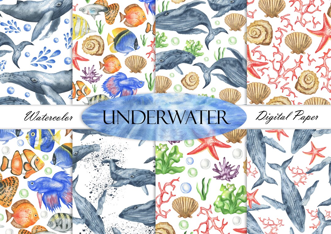 Watercolor Underwater Digital Paper, Whale Digital Paper, Sea Creatures ...