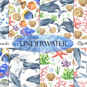 Watercolor Underwater Digital Paper, Whale Digital Paper, Sea Creatures ...
