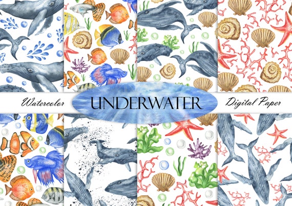 Watercolor Underwater Digital Paper Whale Digital Paper Sea | Etsy
