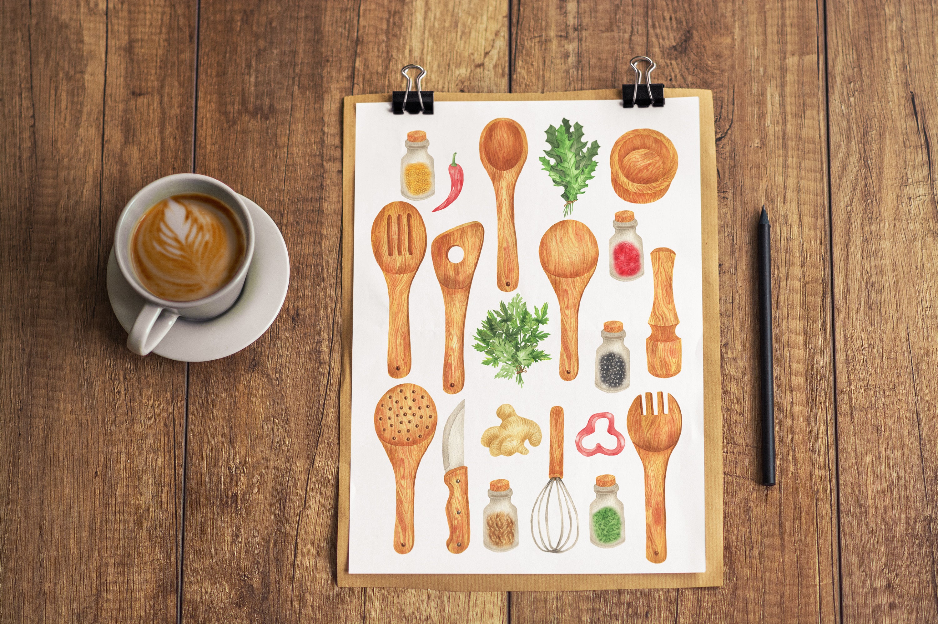 Kitchen Utensils Watercolor Clipart, Kitchen Wood Tools, Herbs and ...