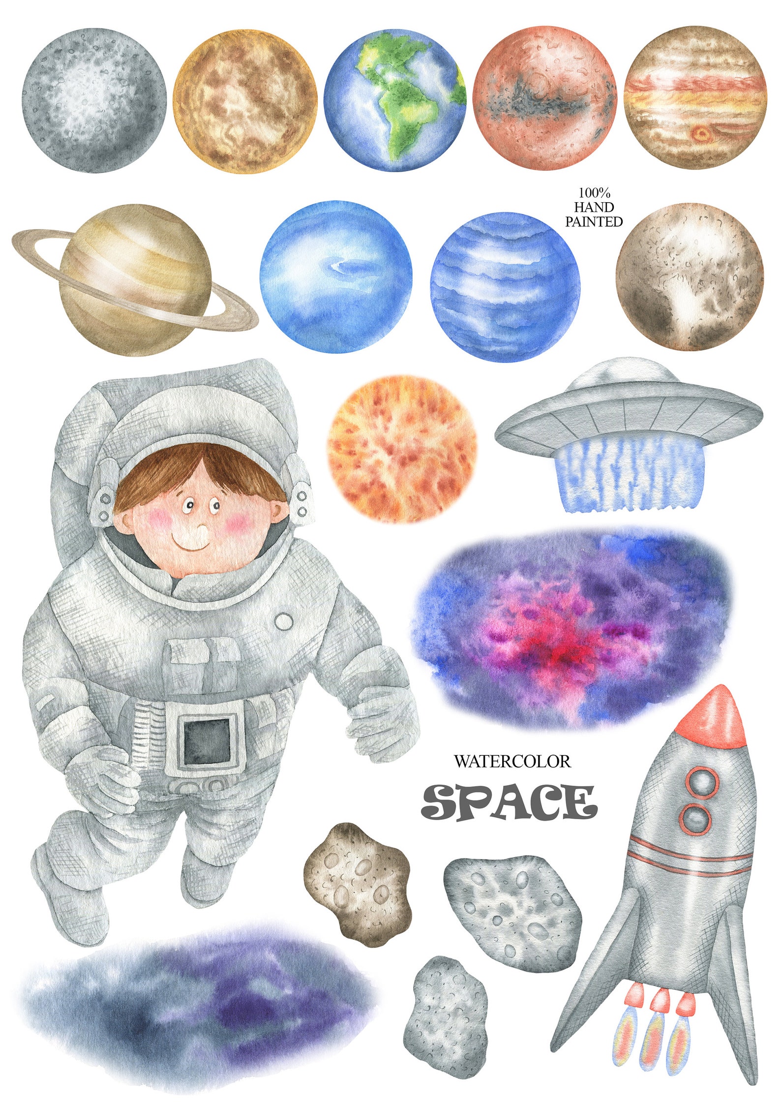 Outer Space Clipart, Watercolor Solar System, Galaxy and Cosmonaut Clip ...