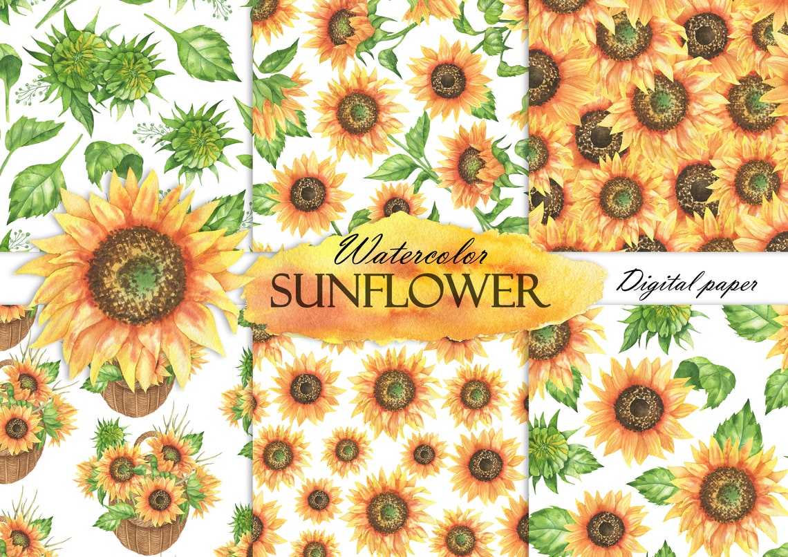 Watercolor Sunflowers Digital Paper Pack, Seamless Patterns, Textile ...