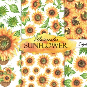 Watercolor Sunflowers Digital Paper Pack, Seamless Patterns, Textile ...