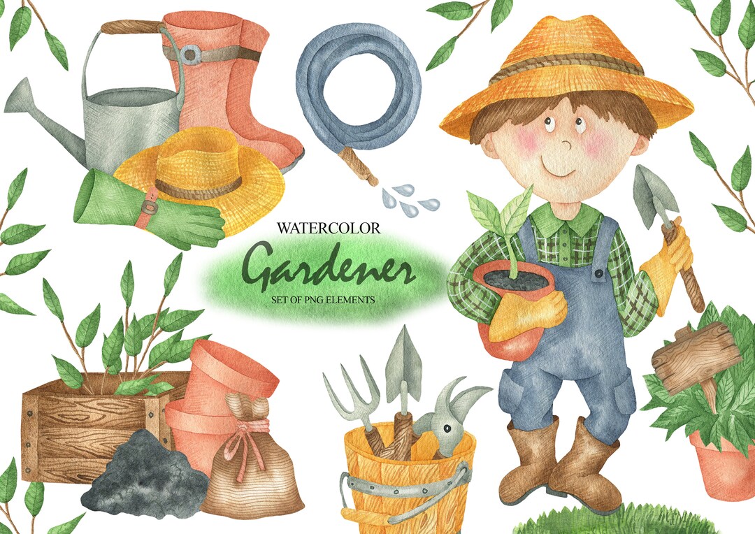 Watercolor Gardening Clipart, Gardener, Tools, PNG, JPG (digital ...