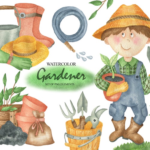 Watercolor Gardening Clipart Garden Tools and Supplies - Etsy