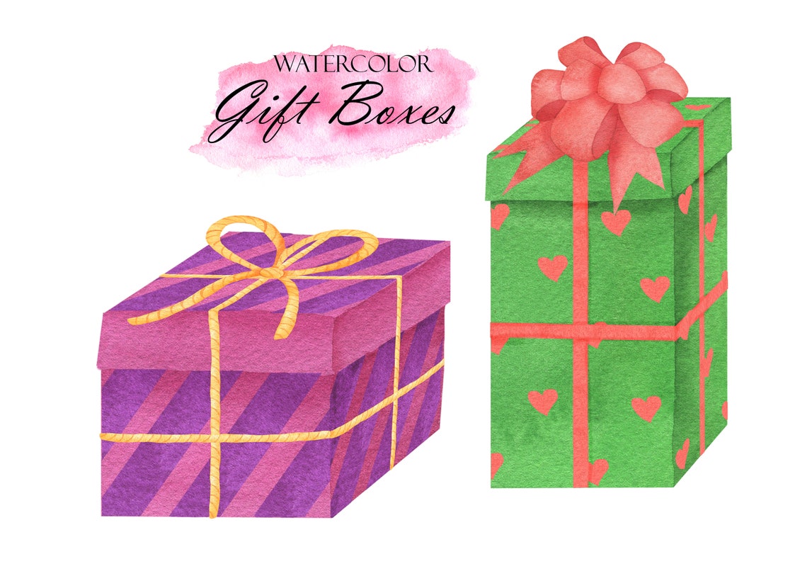 Watercolor Gift Box Clipart, Christmas Presents Clip Art, New Year ...