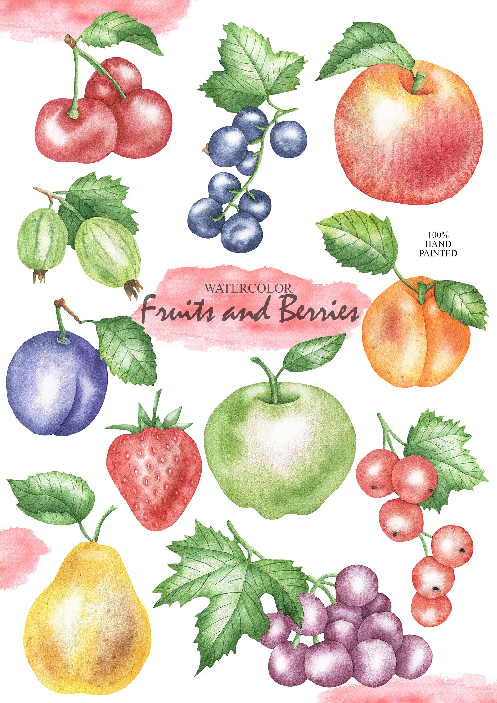 Watercolor Fruits and Berries Clipart, Summer Fresh Cherry, Strawberry ...