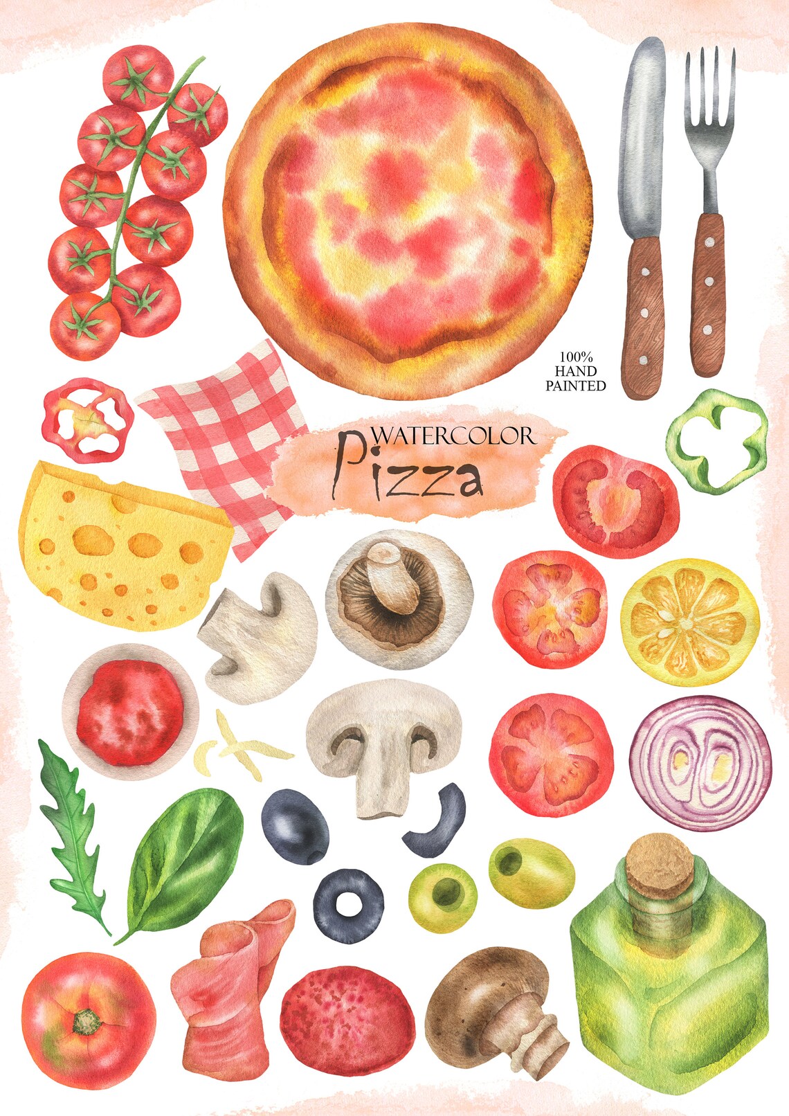 Watercolor Pizza Clipart, Pizza Ingredients Clip Art, Make Your Own ...