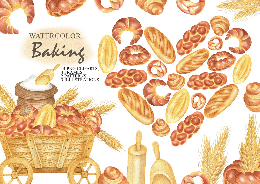 Watercolor Baking, Bread Clipart, Baked Foods, Breakfast, Dessert, Cake ...