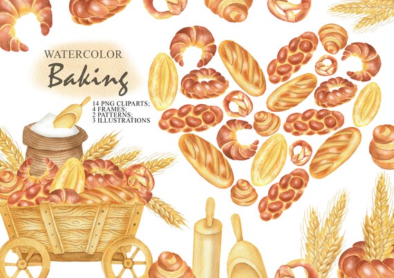 Watercolor Baking Bread Clipart Baked Foods Breakfast | Etsy