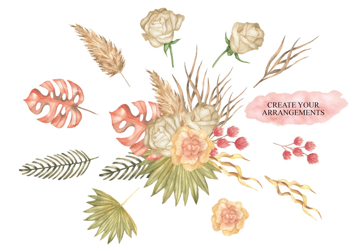 Watercolor Boho Floral Clipart Dried Tropical Flowers and - Etsy
