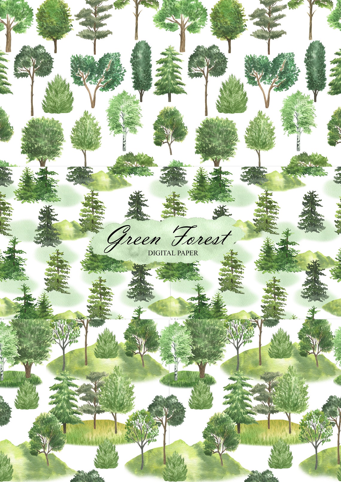 Green Forest Digital Paper, Watercolor Woodland Pine Trees Landscapes ...
