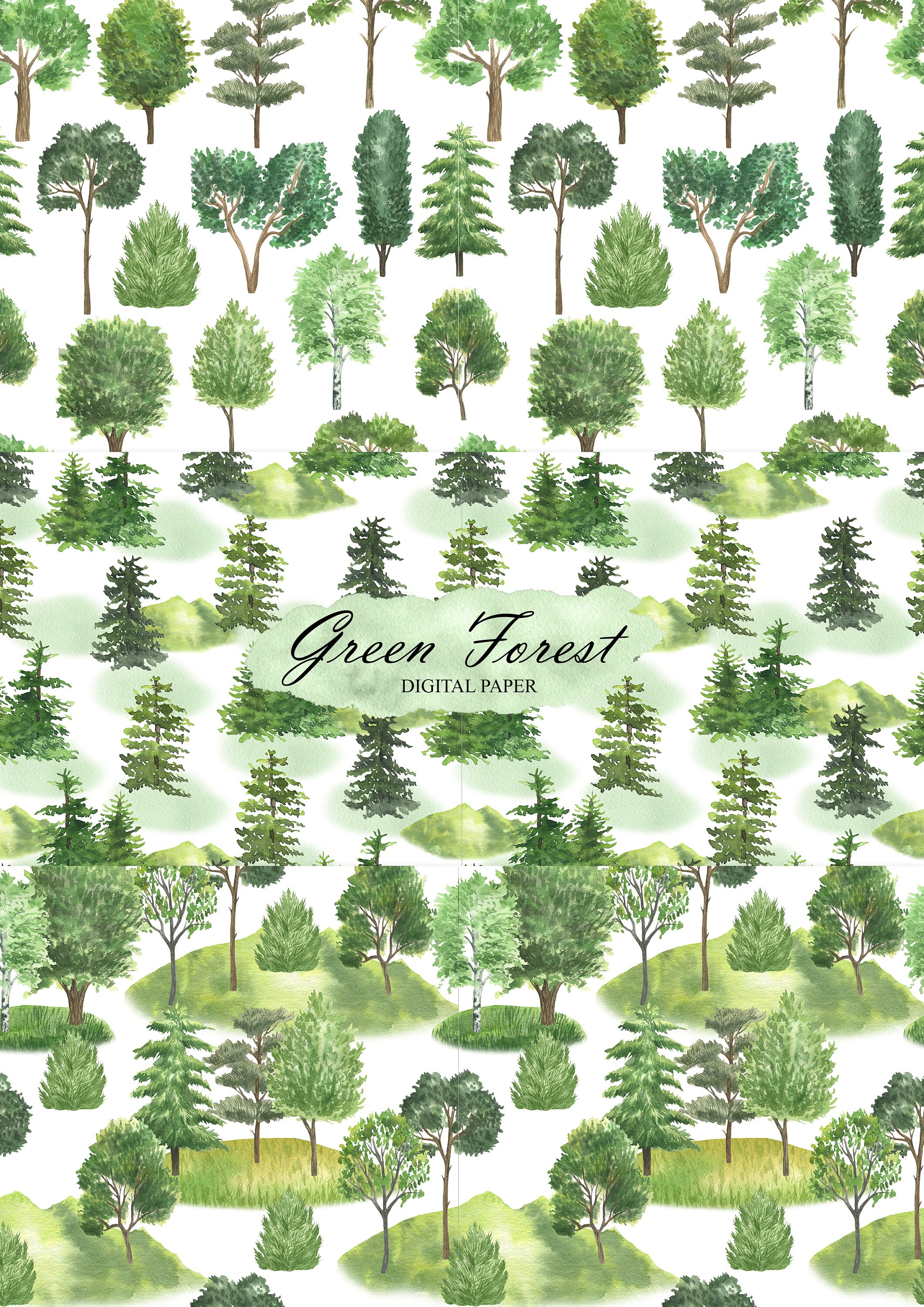 Green Forest Digital Paper, Watercolor Woodland Pine Trees Landscapes ...
