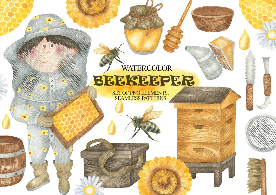 Watercolor Honey Bee Clipart, Beekeeper Tools, Honeycomb (digital Paper ...