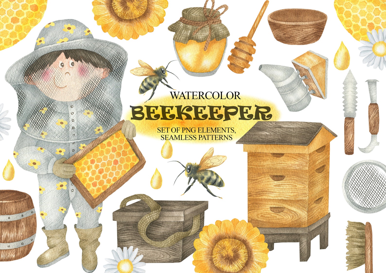Watercolor Honey Bee Clipart, Honeycomb, Beehive, Beekeeper's Tools ...