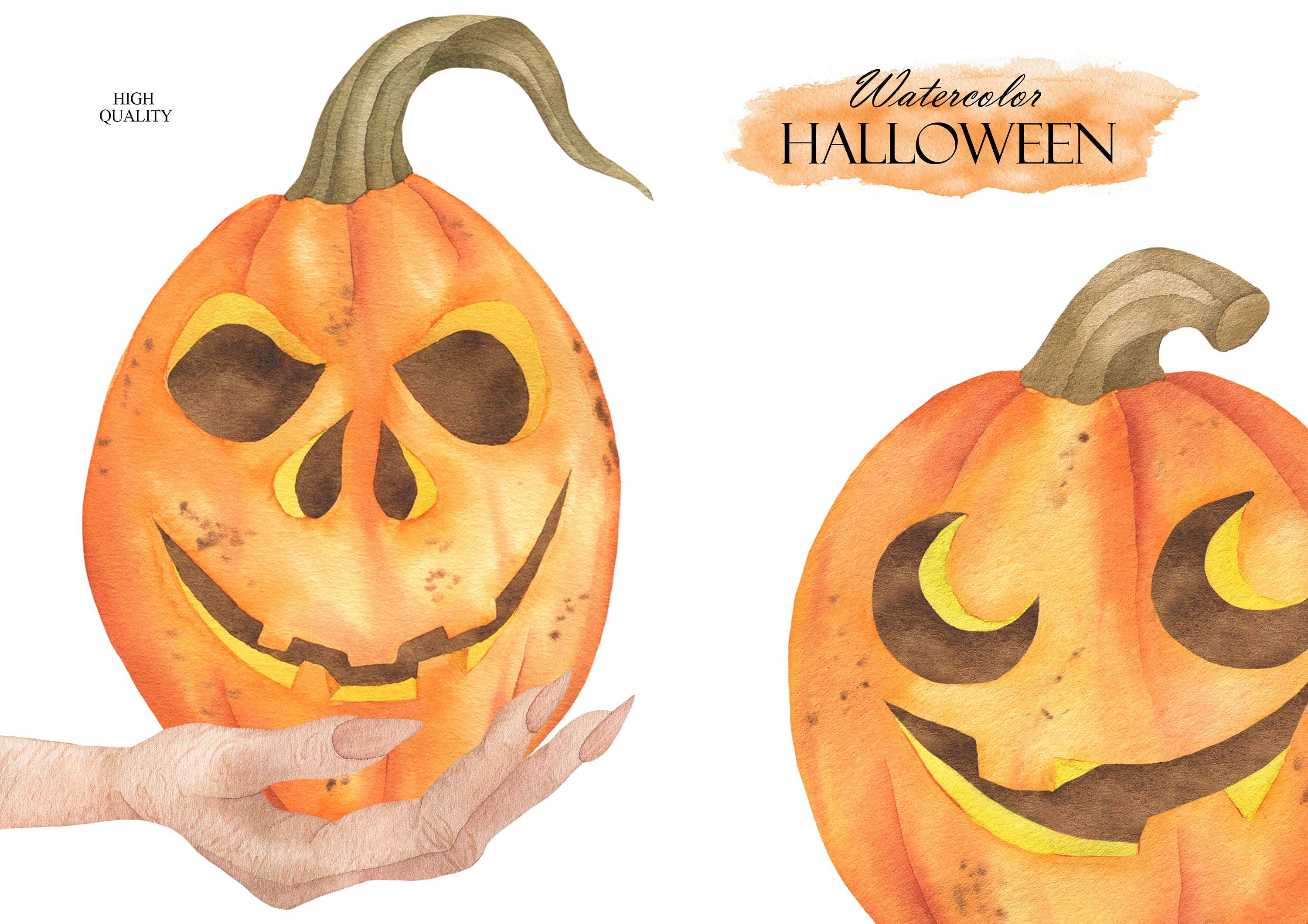 Halloween Pumpkin Watercolor Clipart, Jack-o'lanterns, Scary Pumpkins ...
